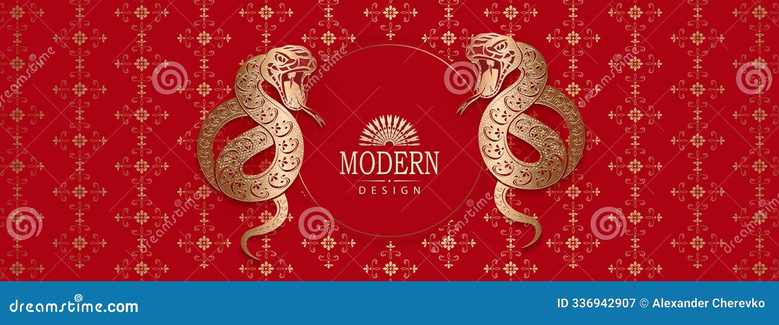 Red Background with Golden Pattern, Snakes and Round Frame Isolated ...