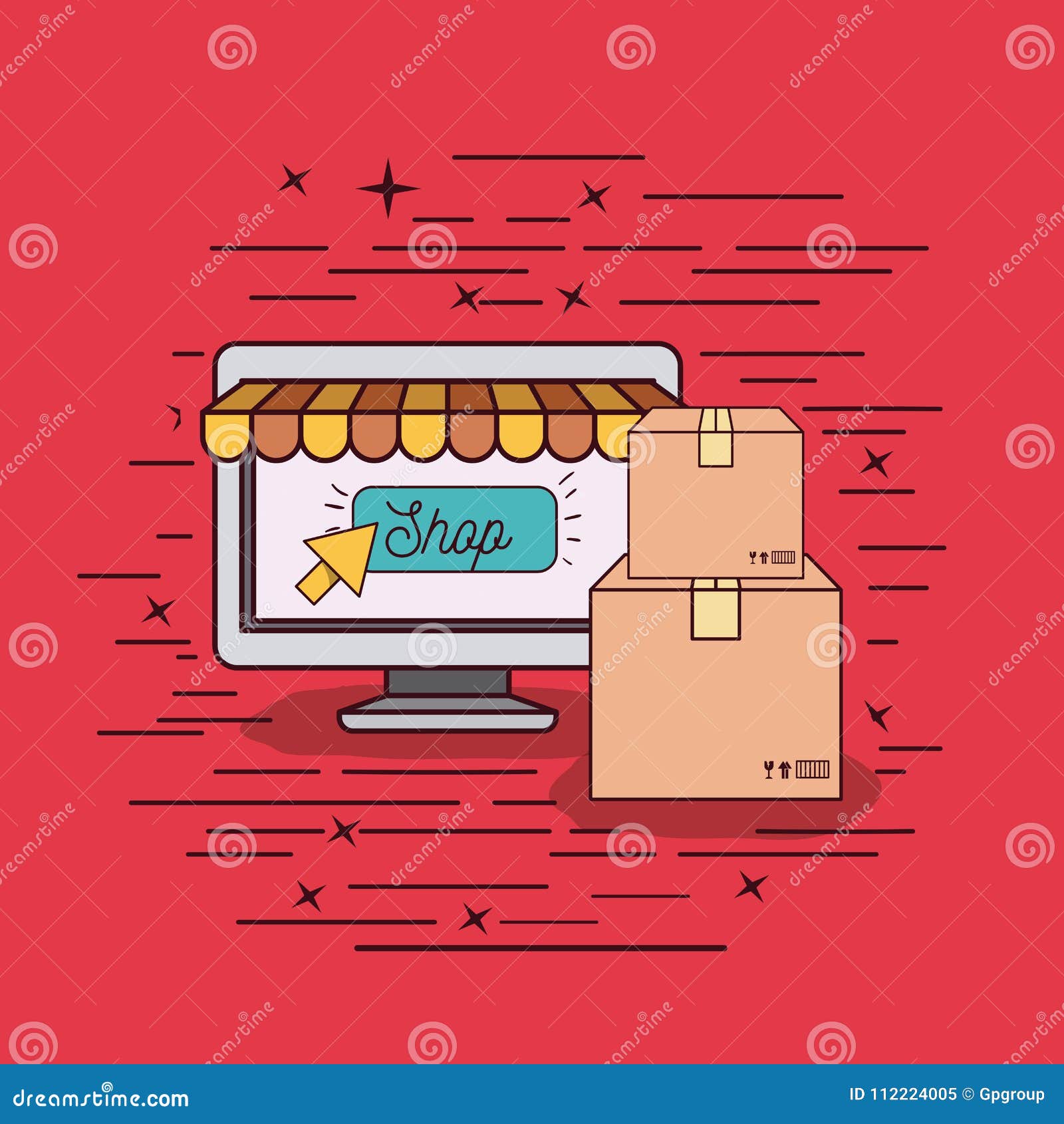 Red Background with Online Sell and Shipping Packages Stock Vector ...