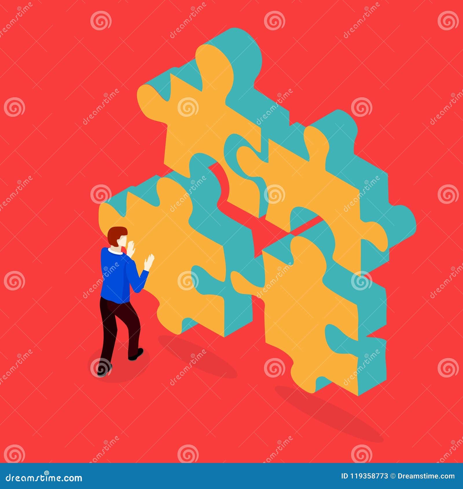 Red Background with Puzzle and Man Solves Problem. Stock Vector ...