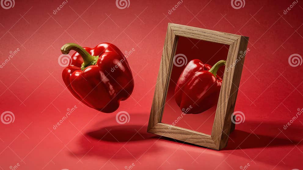 Red Background with Small Mirror Reflecting Pepper Plants Stock ...