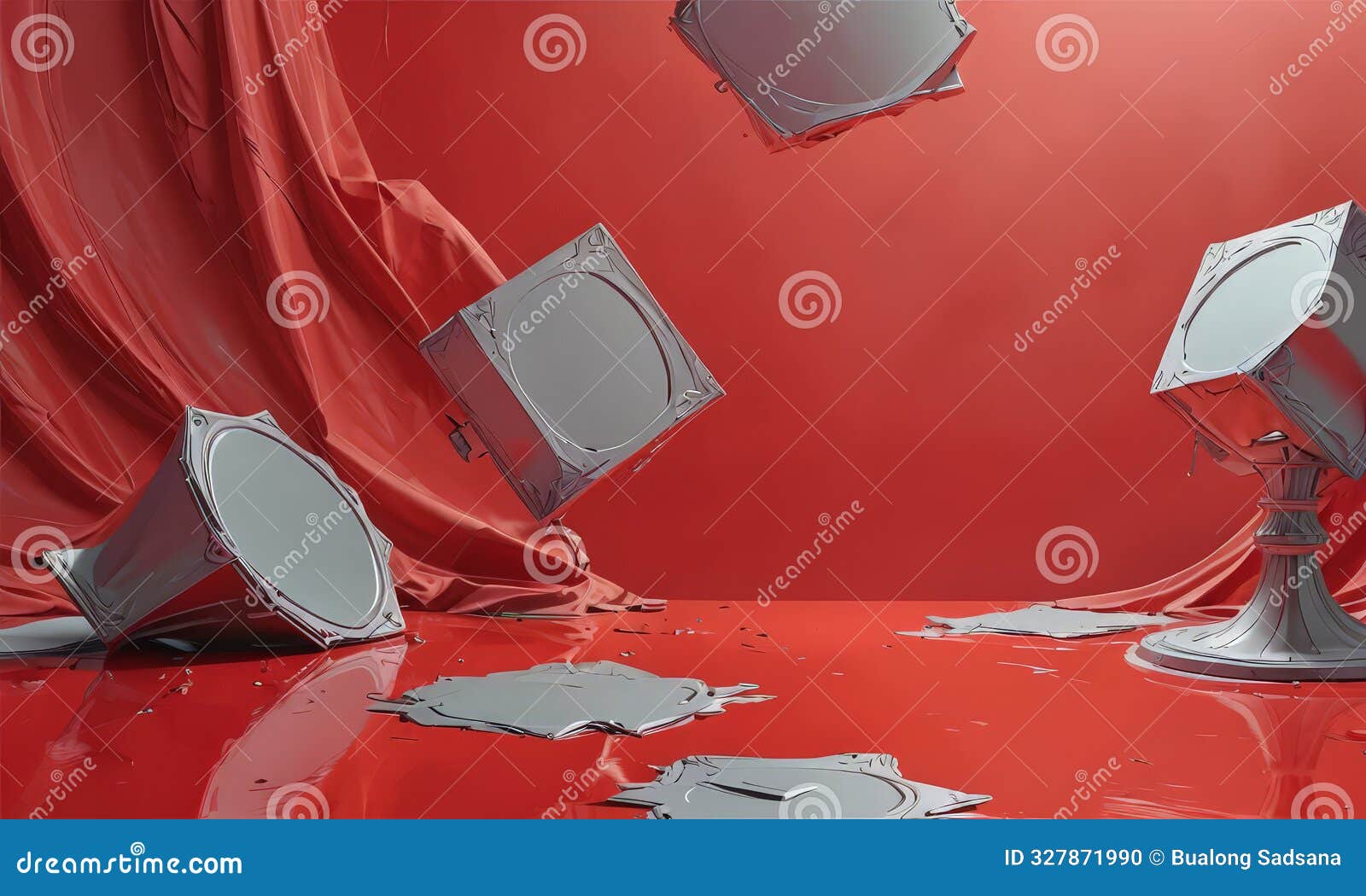 Red Background with White and Gray Objects, Including Speakers and ...