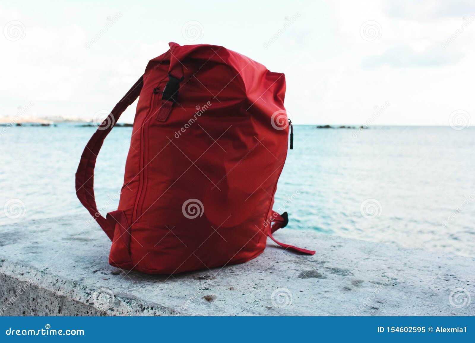 Red Backpack on the Beach, Sea, Ocean Stock Image - Image of holiday ...
