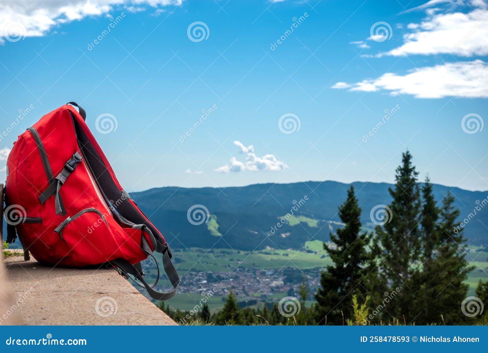 Red Hiking Backpack on Ledge on Mountain with Valley View on Summer ...