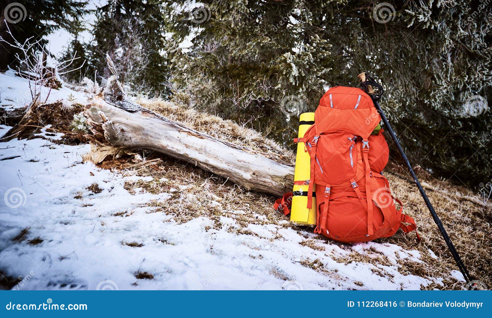 A Red Backpack on the Snow in a Winter Campaign Against the Back Stock ...