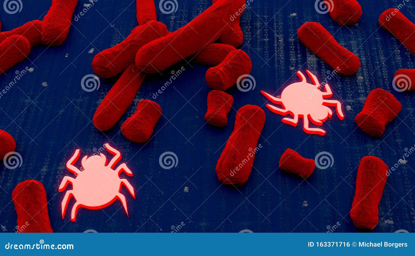Red Bacteria on Blue Digital Surface with Bugs Cybersecurity Concept ...