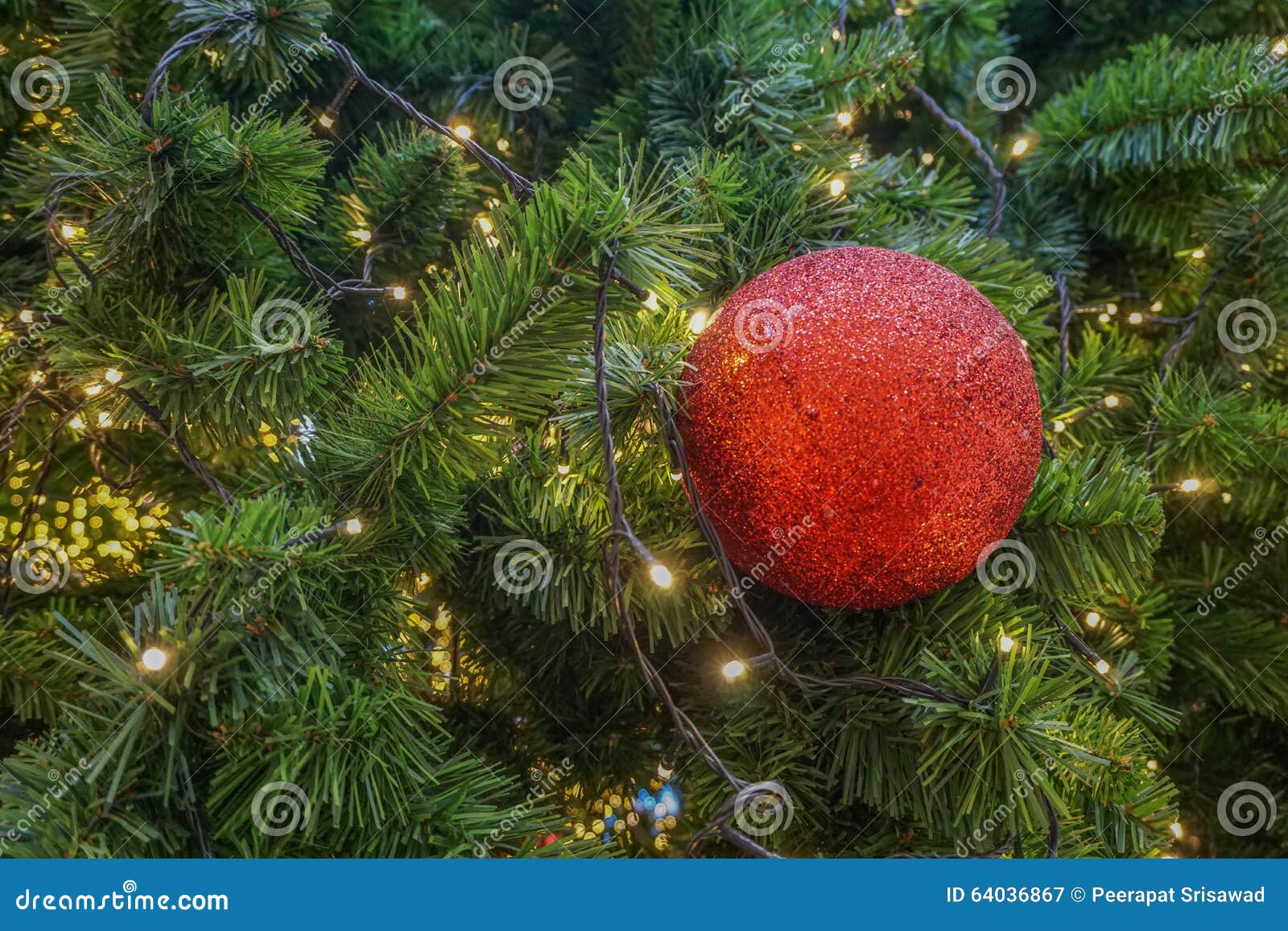 Red Ball Decoration on Christmas Tree Stock Image - Image of silver ...