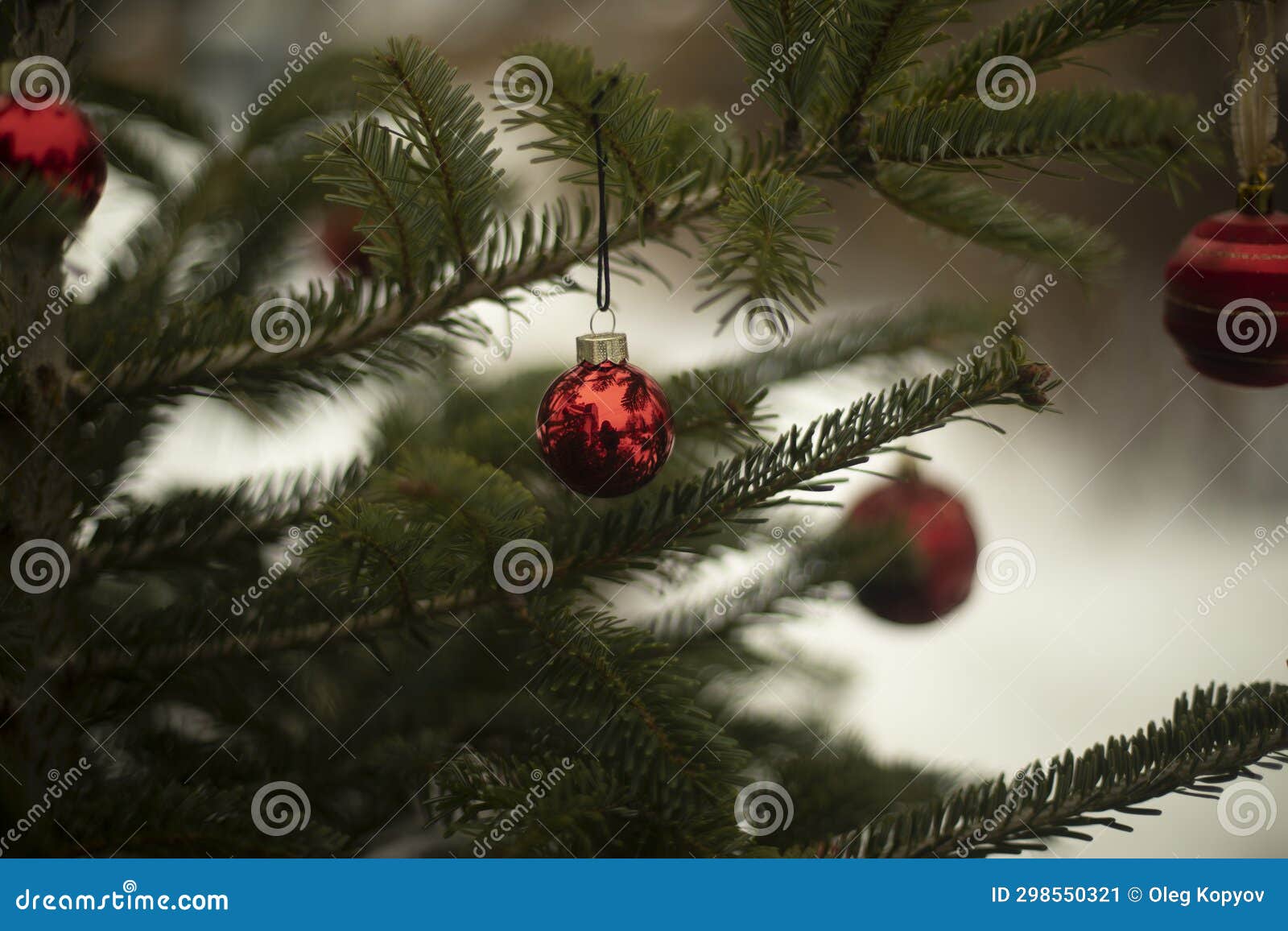 Red Ball on Green Christmas Tree. Decoration for Christmas Stock Image ...
