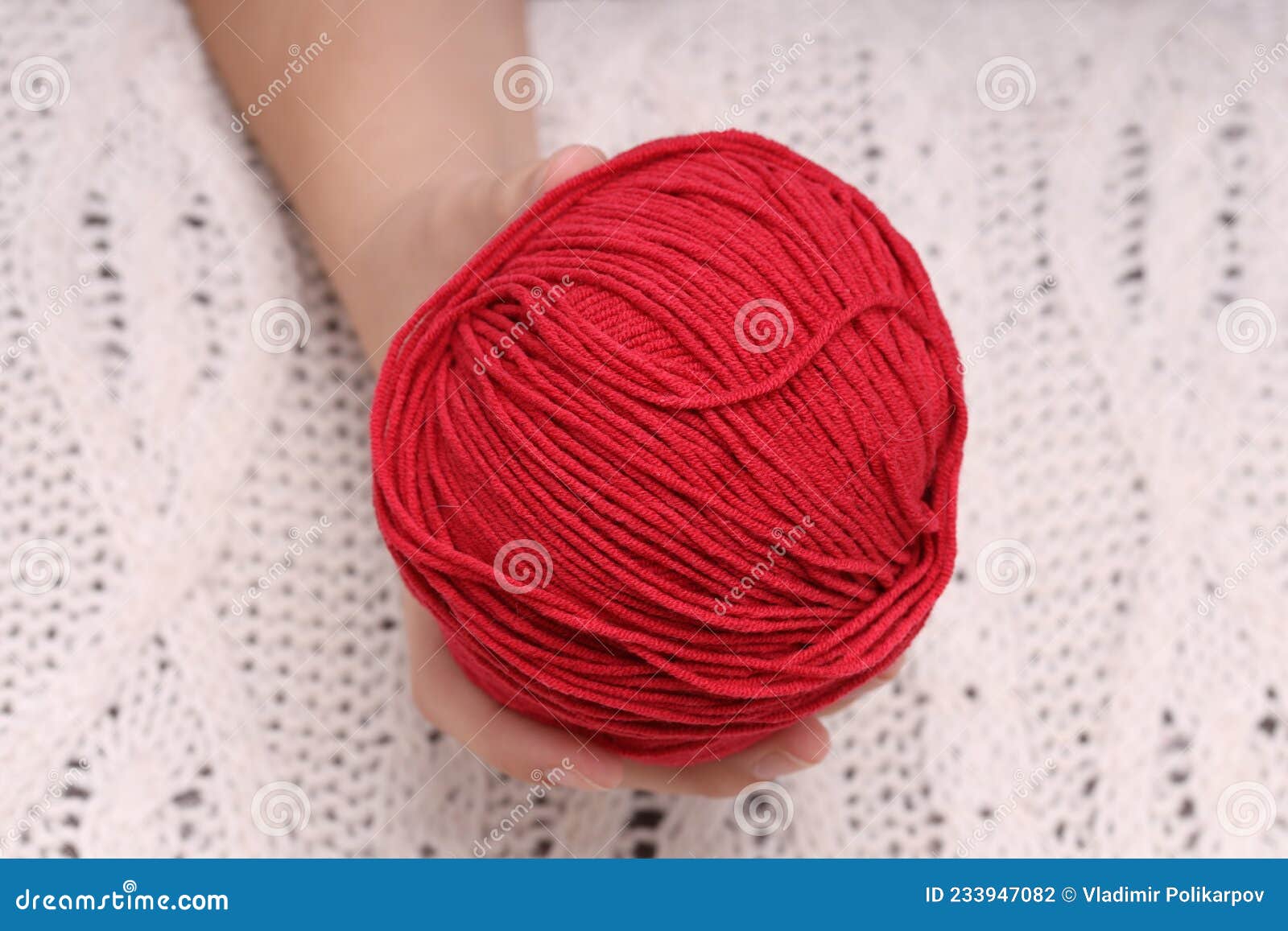 Red Ball of Wool in Hands on the Background of a White Knitted ...