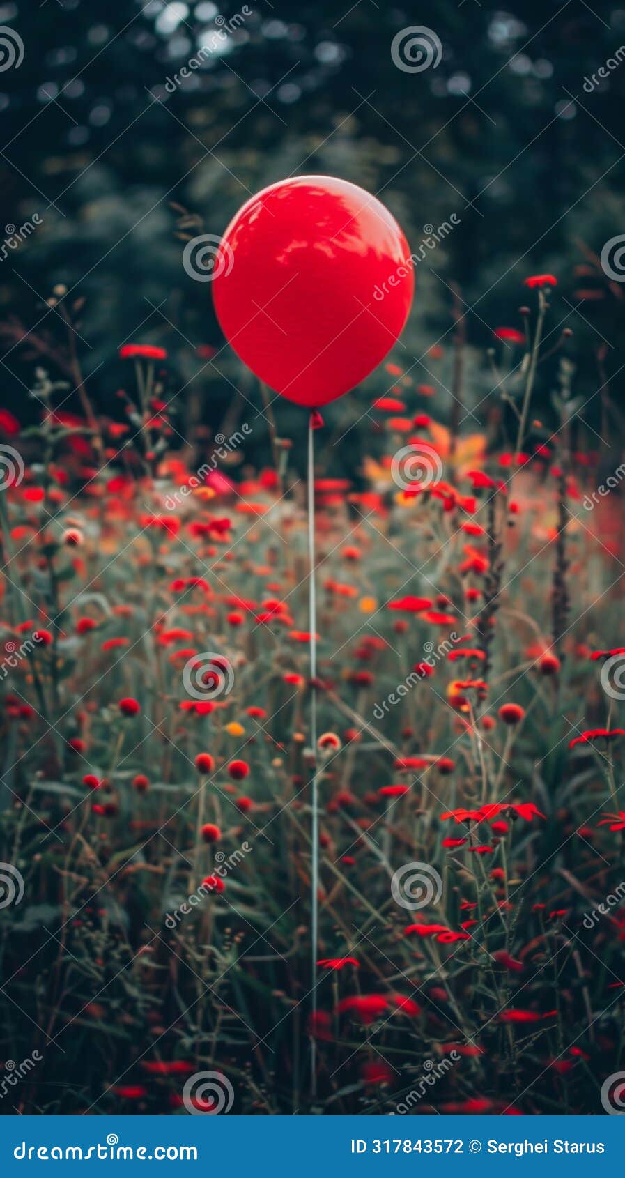 A Red Balloon in a Field of Flowers with Tall Grass, AI Stock ...
