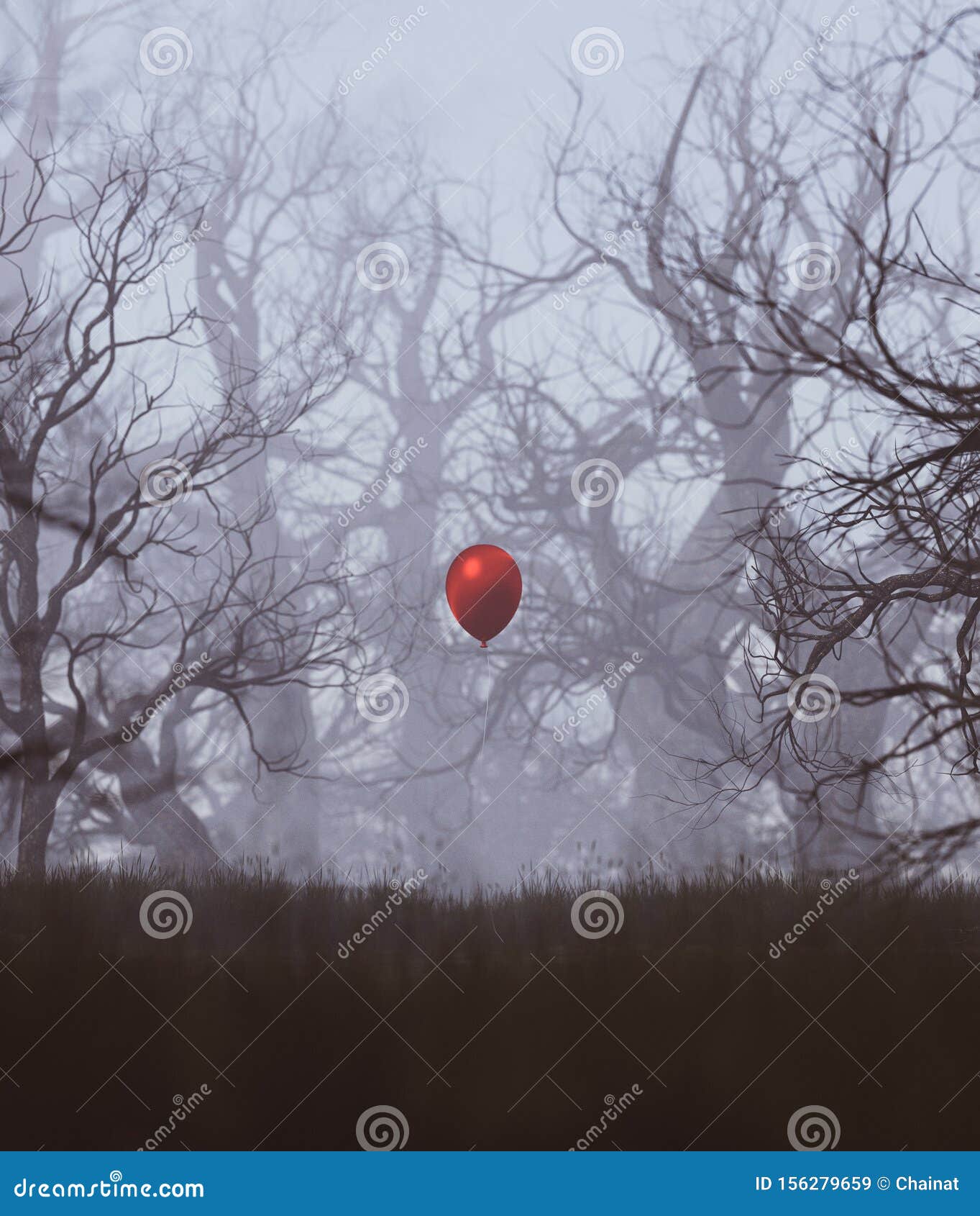Red Balloon in Haunted Forest Stock Illustration - Illustration of ...