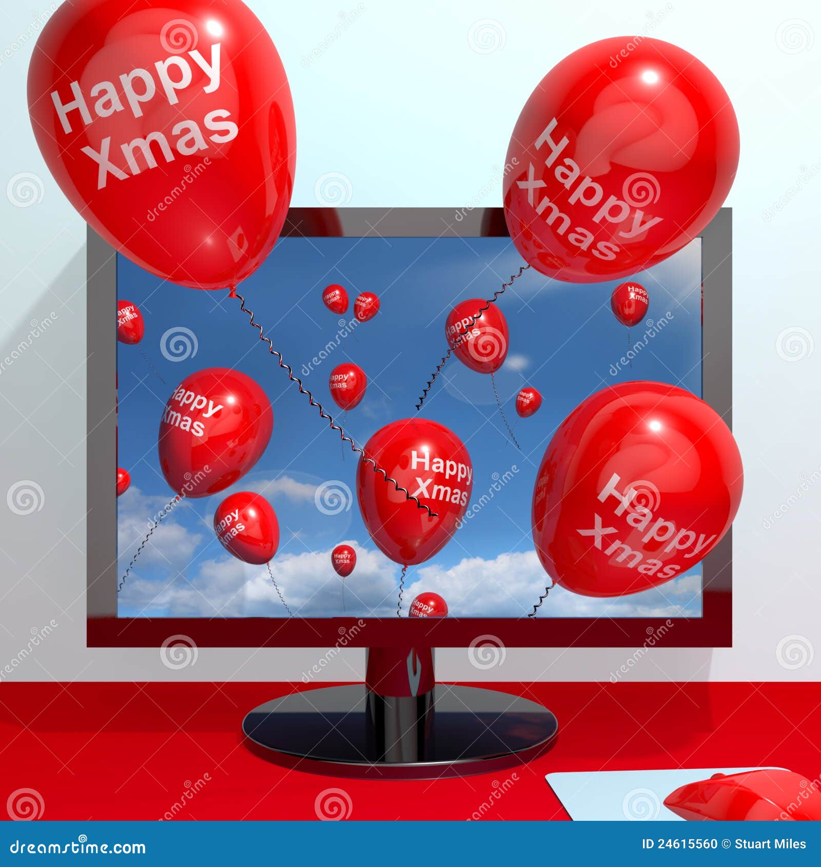Red Balloons with Happy Xmas from Computer Screen for Online Greetings ...