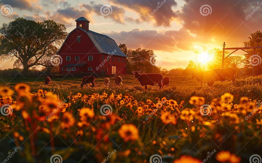 A Red Barn with Cows Grazing in a Field. the Sun is Setting in the ...