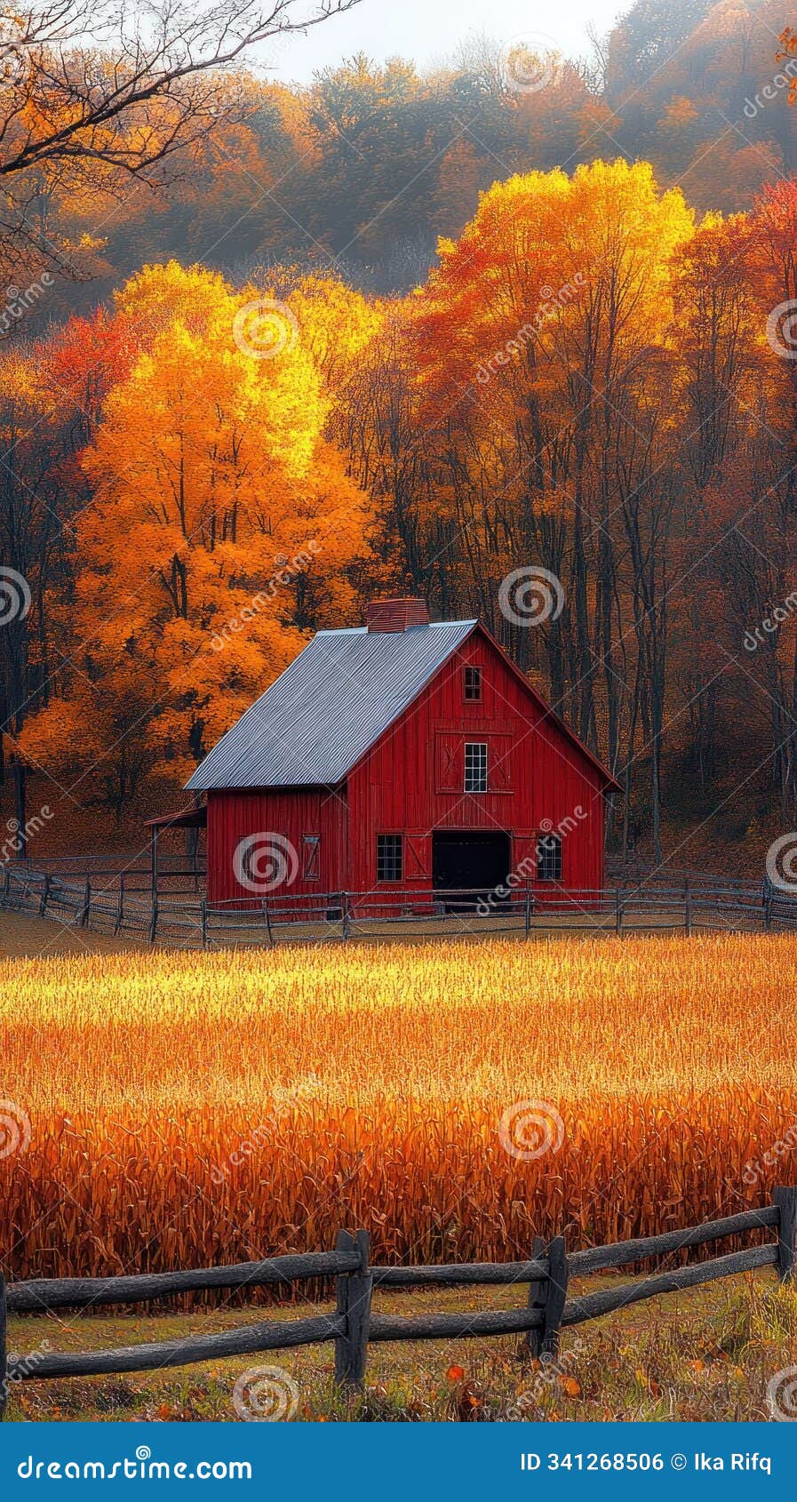 Red Barn in Fall Cornfield with Forest in the Background - Realistic ...