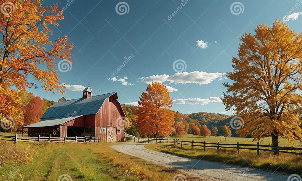 Red Barn in the Fall with Trees and Road Stock Illustration ...