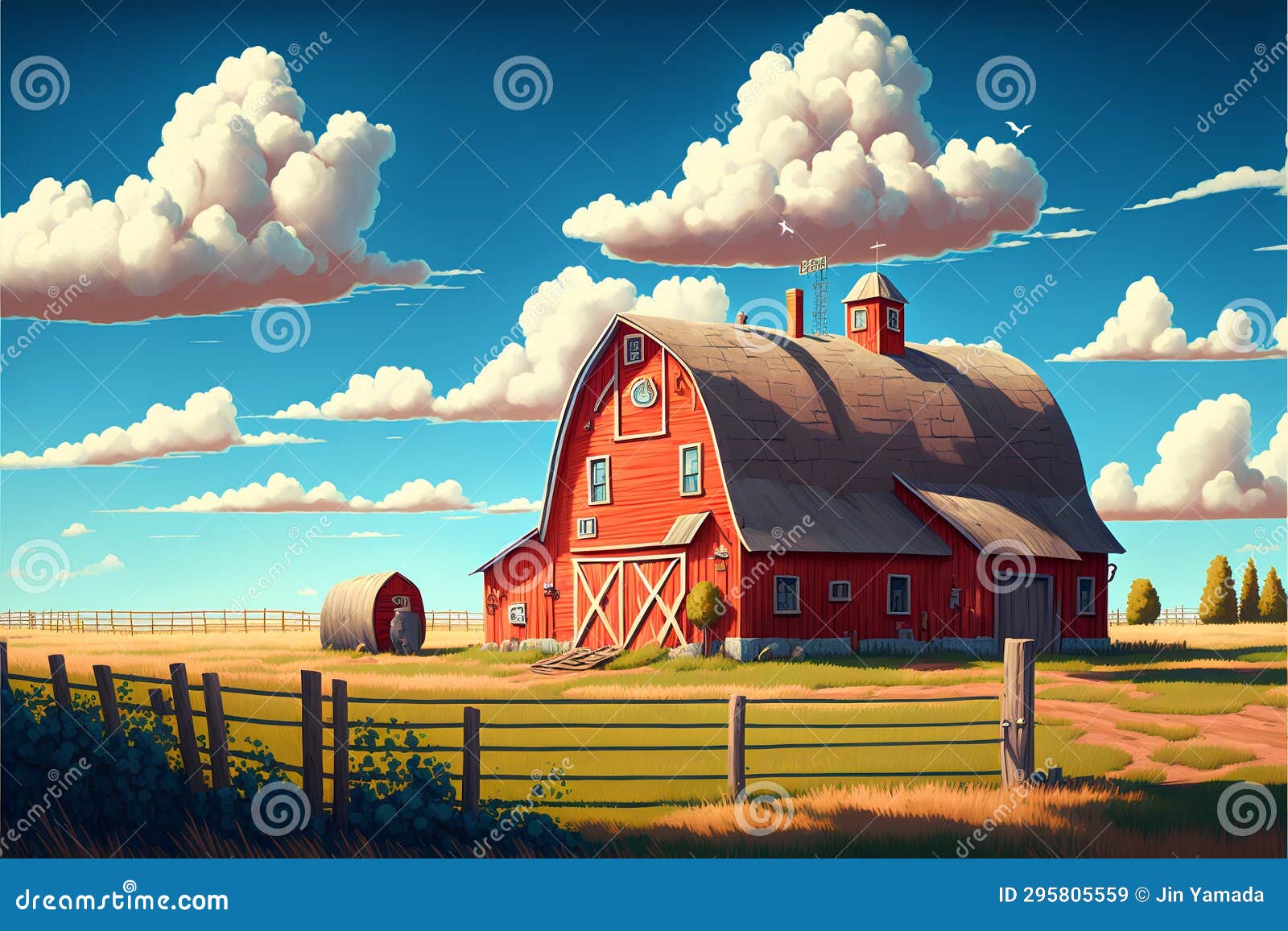 Red Barn on the Farm with Blue Sky and Clouds. Vector Illustration ...