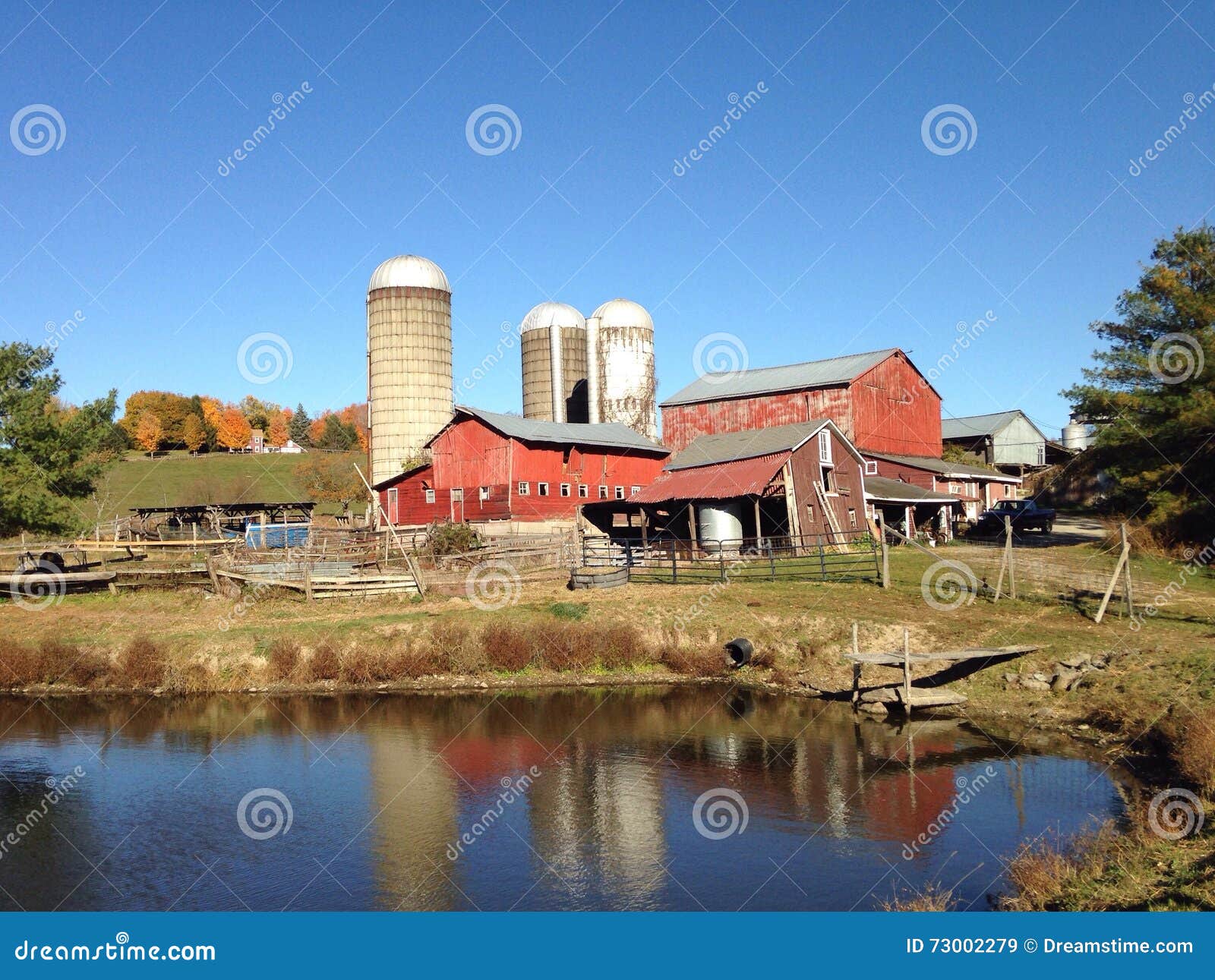 Red Barn on a Farm with Pond Stock Image - Image of pond, water: 73002279