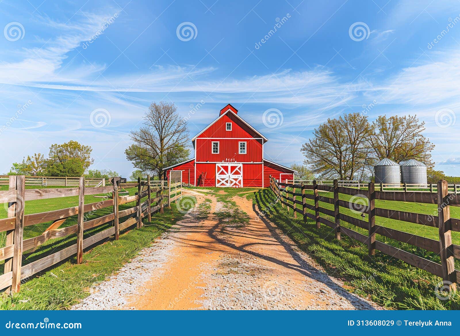 Red Barn and Fence on Farm. a Red Barn with White Trim Stock Image ...