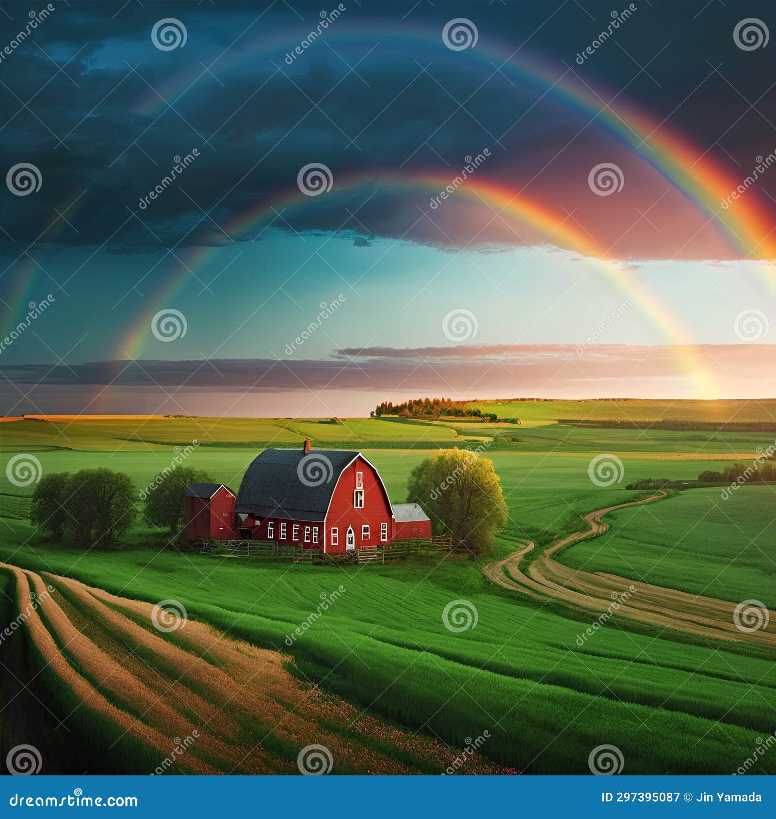 Red Barn on a Green Field with a Rainbow after the Rain. Stock ...