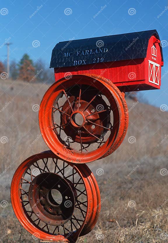 Red Barn Mailbox on Tire Rims Editorial Photography - Image of post ...