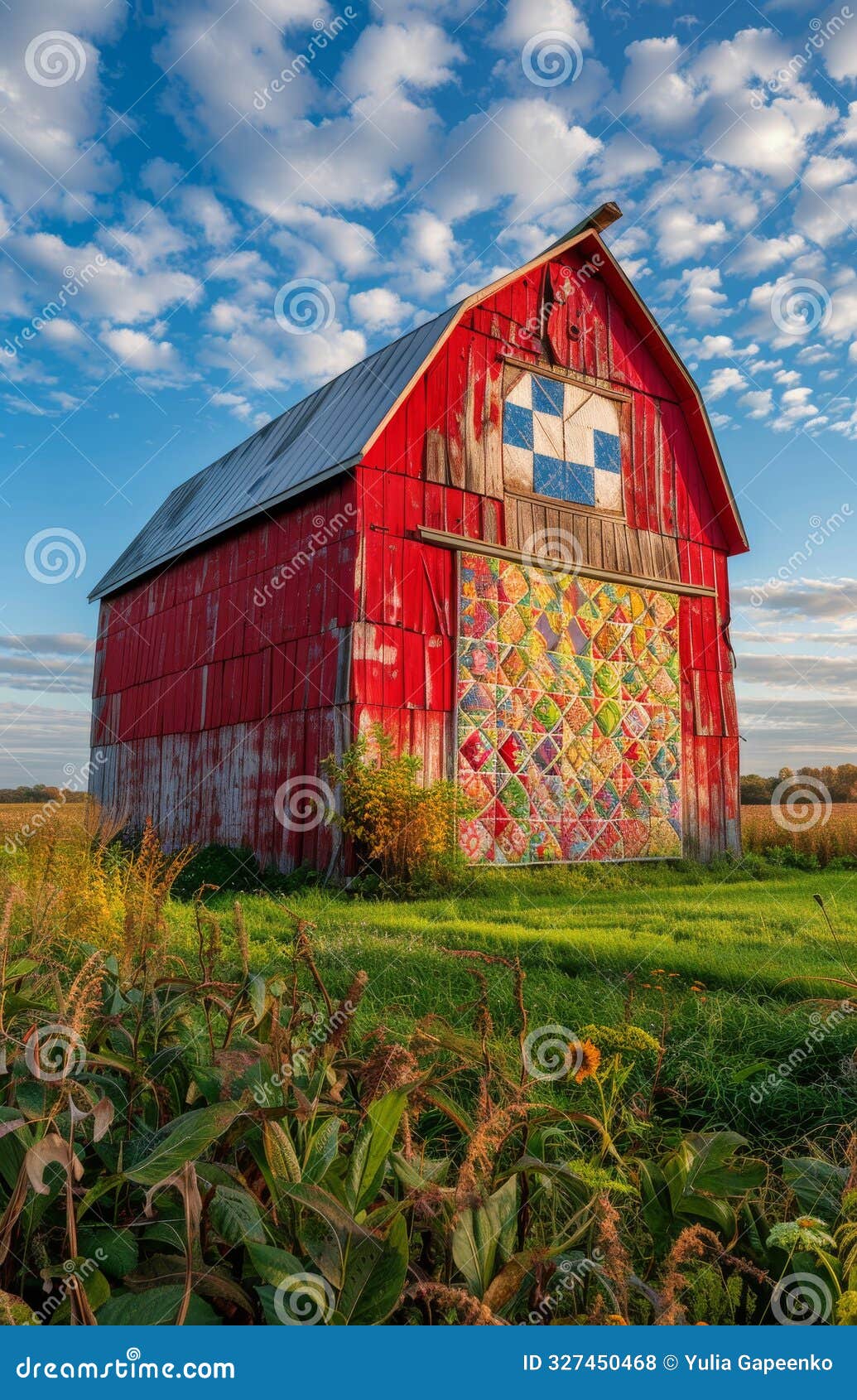 Red Barn with Patchwork Design Stock Photo - Image of blue, puffy ...