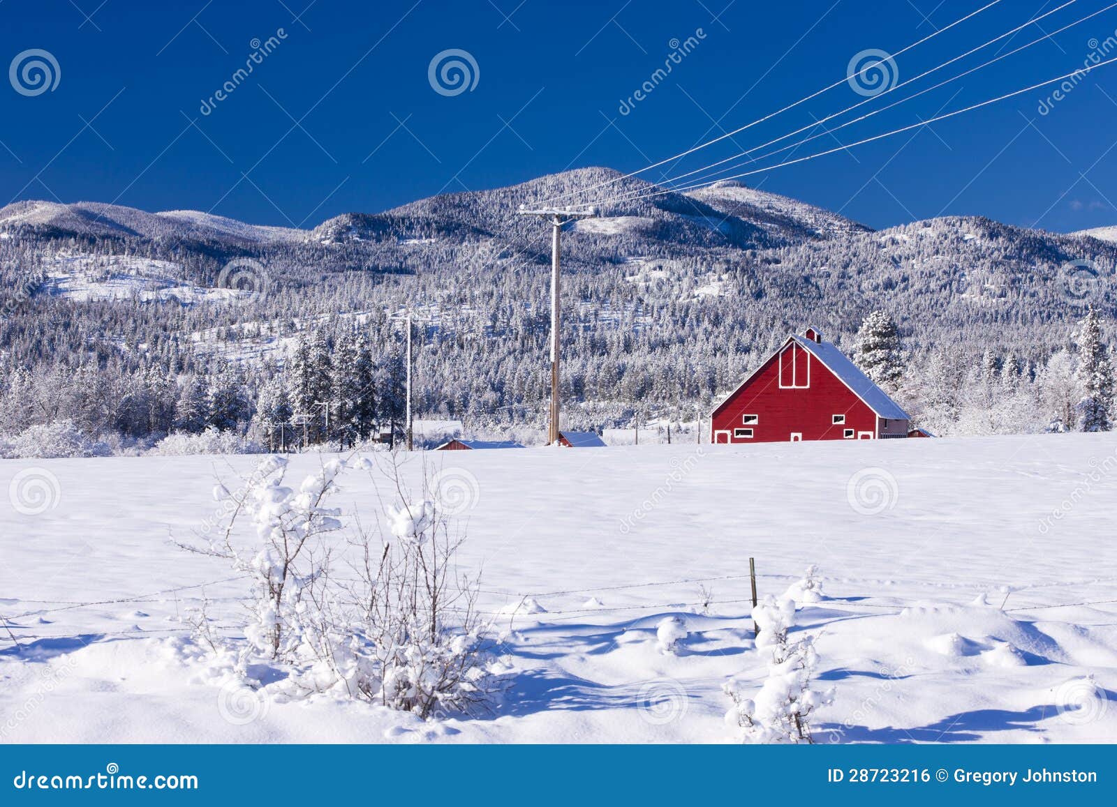 Red barn in snowy field. stock photo. Image of vibrant - 28723216