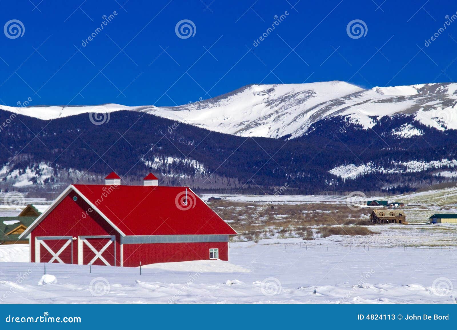 Red Barn and SNowy Mountains in Colorado Stock Image - Image of life ...