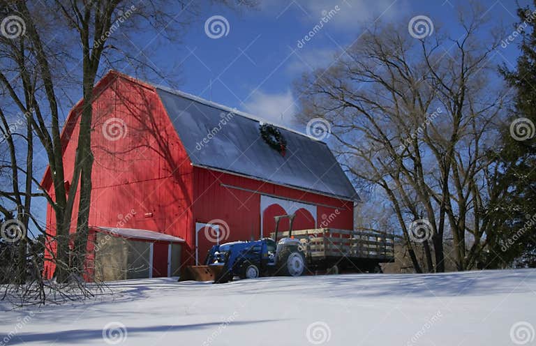 Red barn and tractor stock image. Image of vanishing, architecture ...