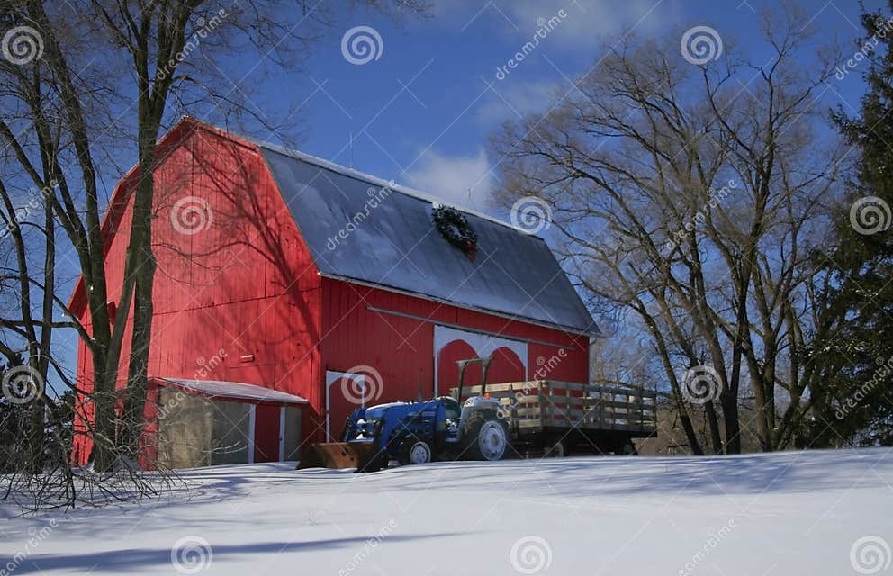 Red barn and tractor stock image. Image of vanishing, architecture ...