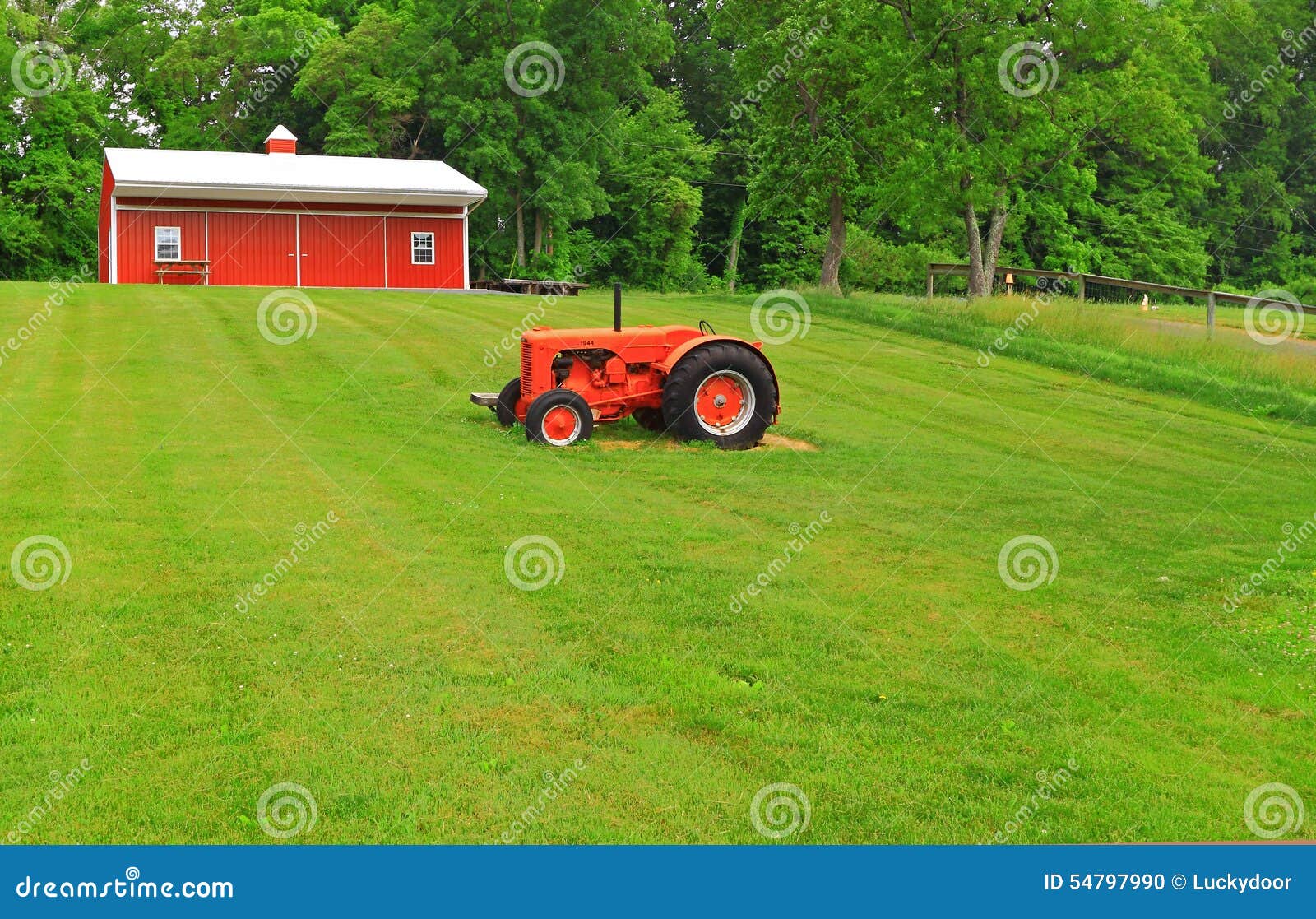 Red Barn Tractor Green Lawn Stock Photo - Image of nature, living: 54797990