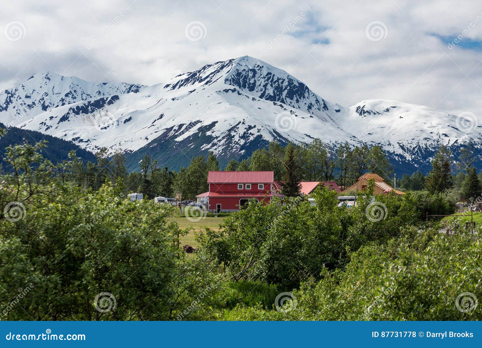 Red Barn Under Alaskan Mountain Stock Photo - Image of forest, cottage ...
