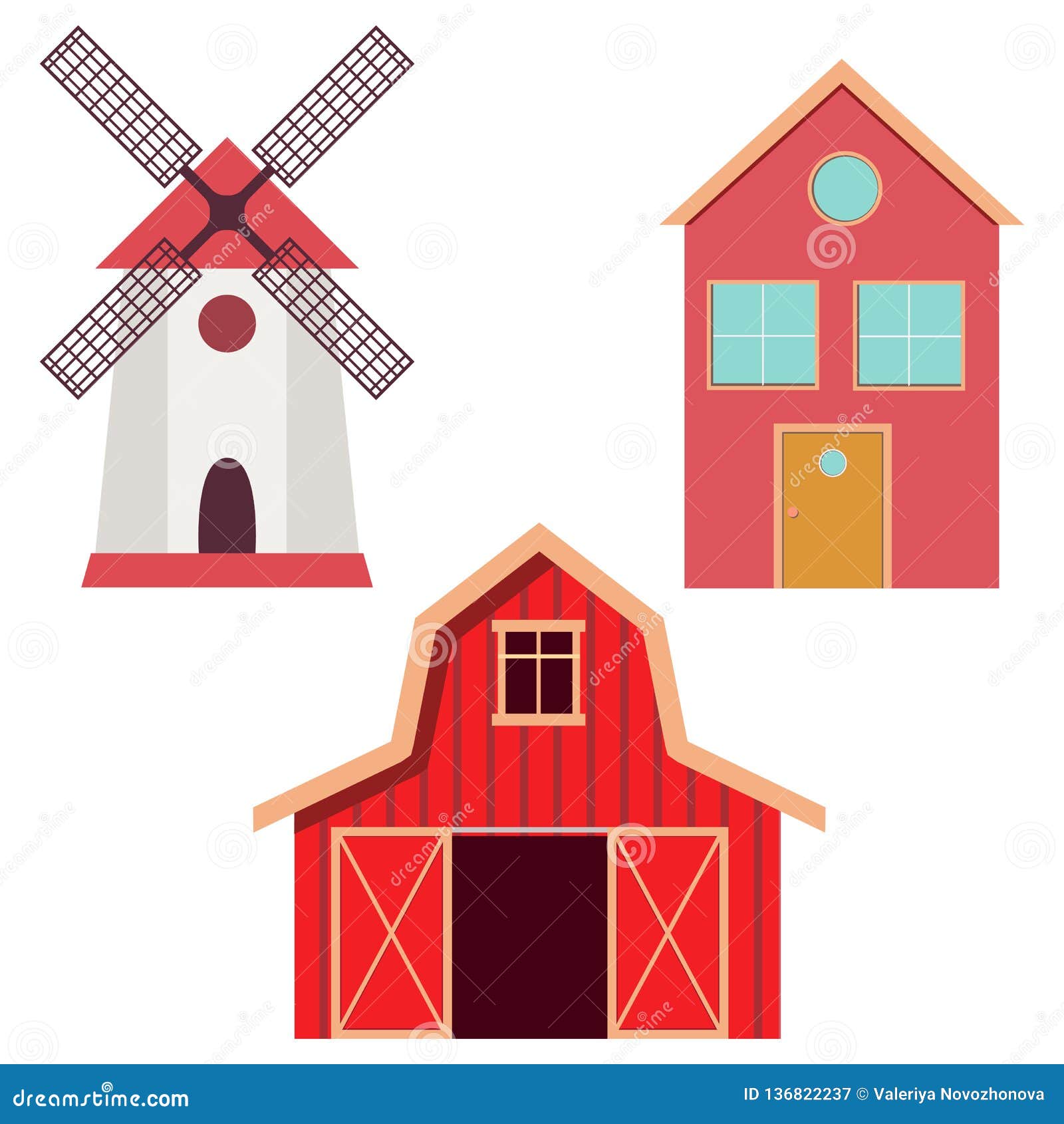 Red Barn, Windmill and Farm House in Flat Style. Vector Illustration ...