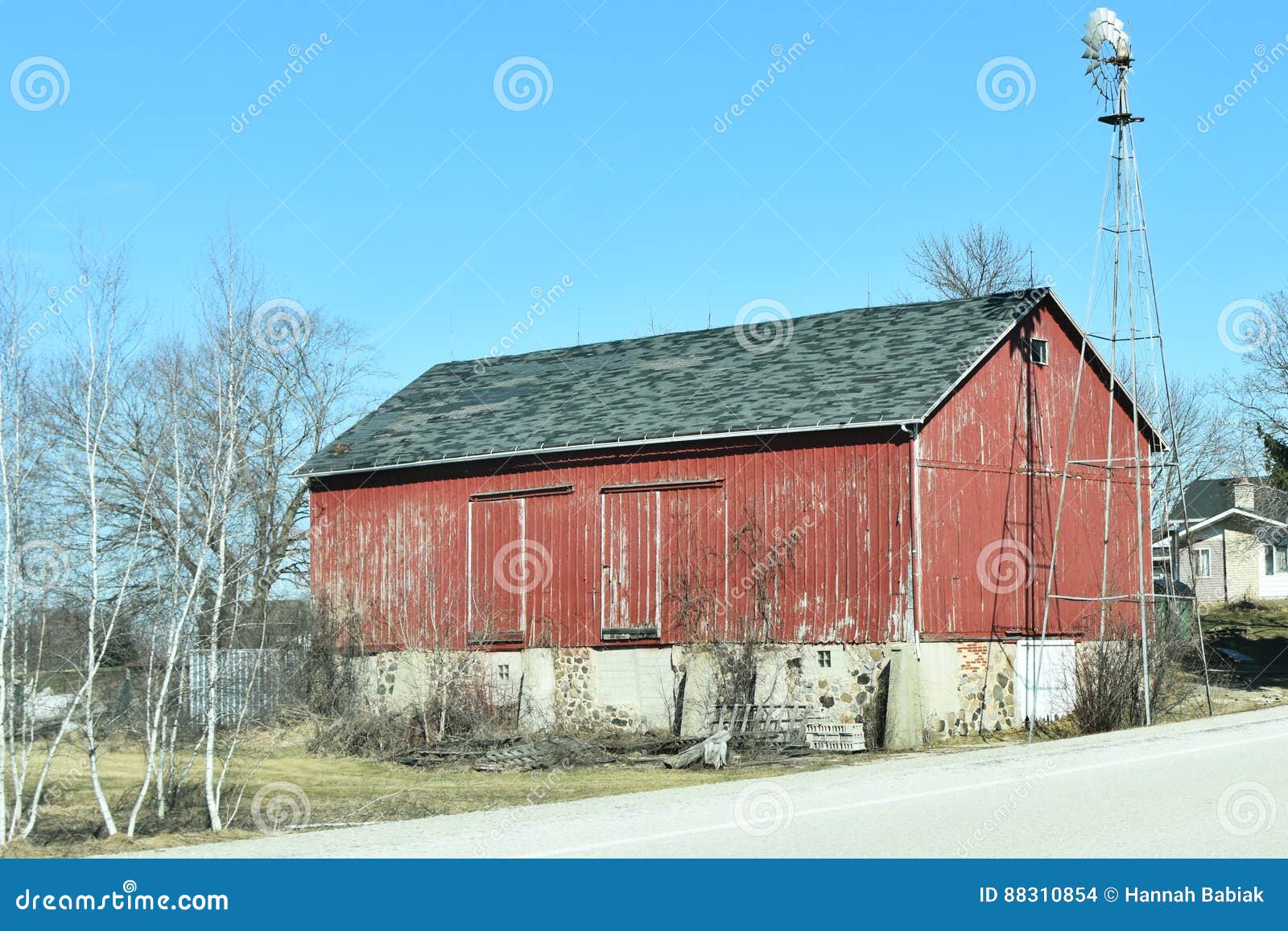 Red Barn Windmill stock photo. Image of blue, outbuilding - 88310854