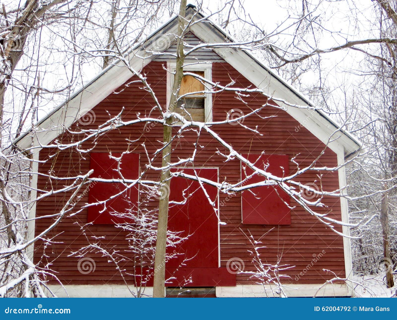 Red Barn in the Winter in a Forest; Peaceful Stock Photo - Image of ...