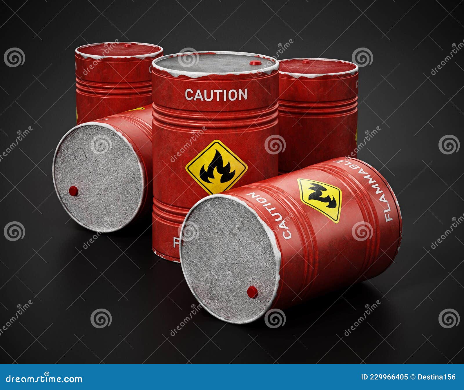 Red Barrels with Caution Flammable Warning Text and Fire Symbol ...