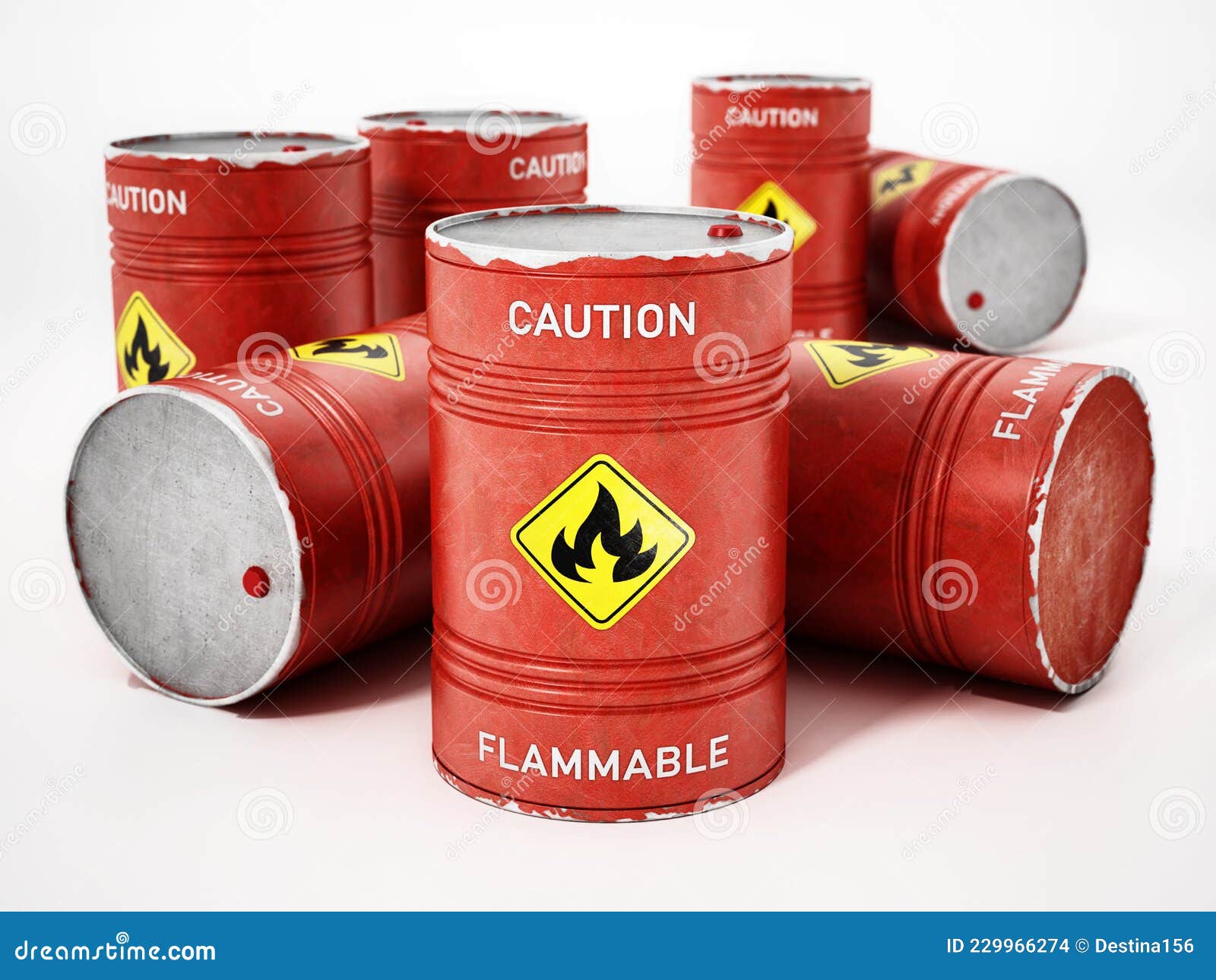Red Barrels with Caution Flammable Warning Text and Fire Symbol ...
