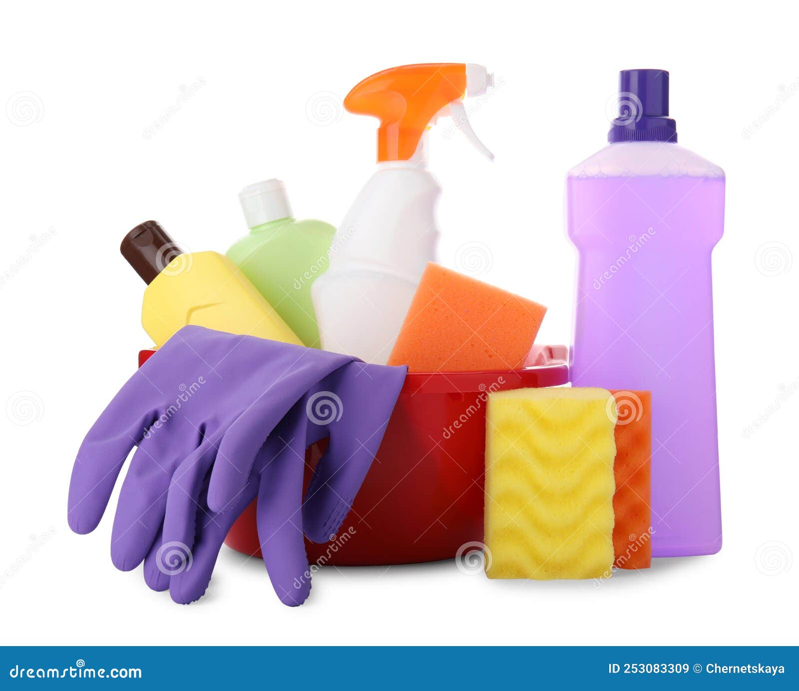 Red Basin with Cleaning Supplies and Tools on Background Stock Image ...