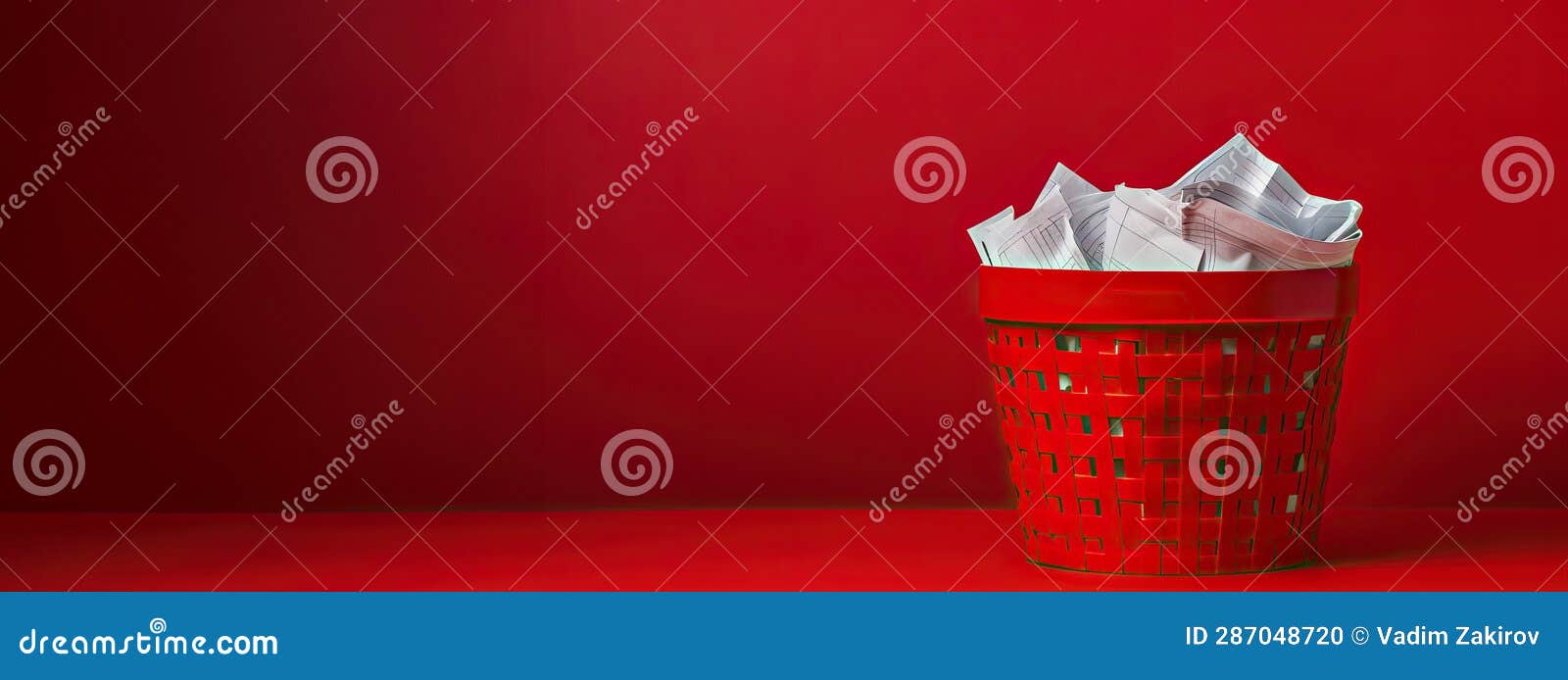 Red Basket Full of Crumpled Paper, on Red Background with Copy Space ...