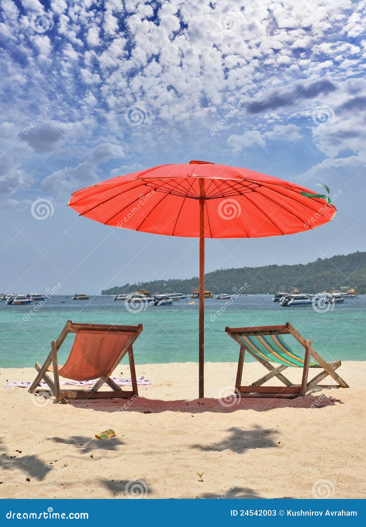 Red Beach Umbrella and Deck Chairs Stock Image - Image of sunshade ...