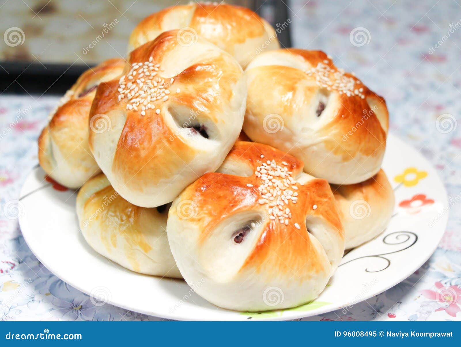 Red Bean Bread Buns in the Dish Stock Image - Image of food, cream ...