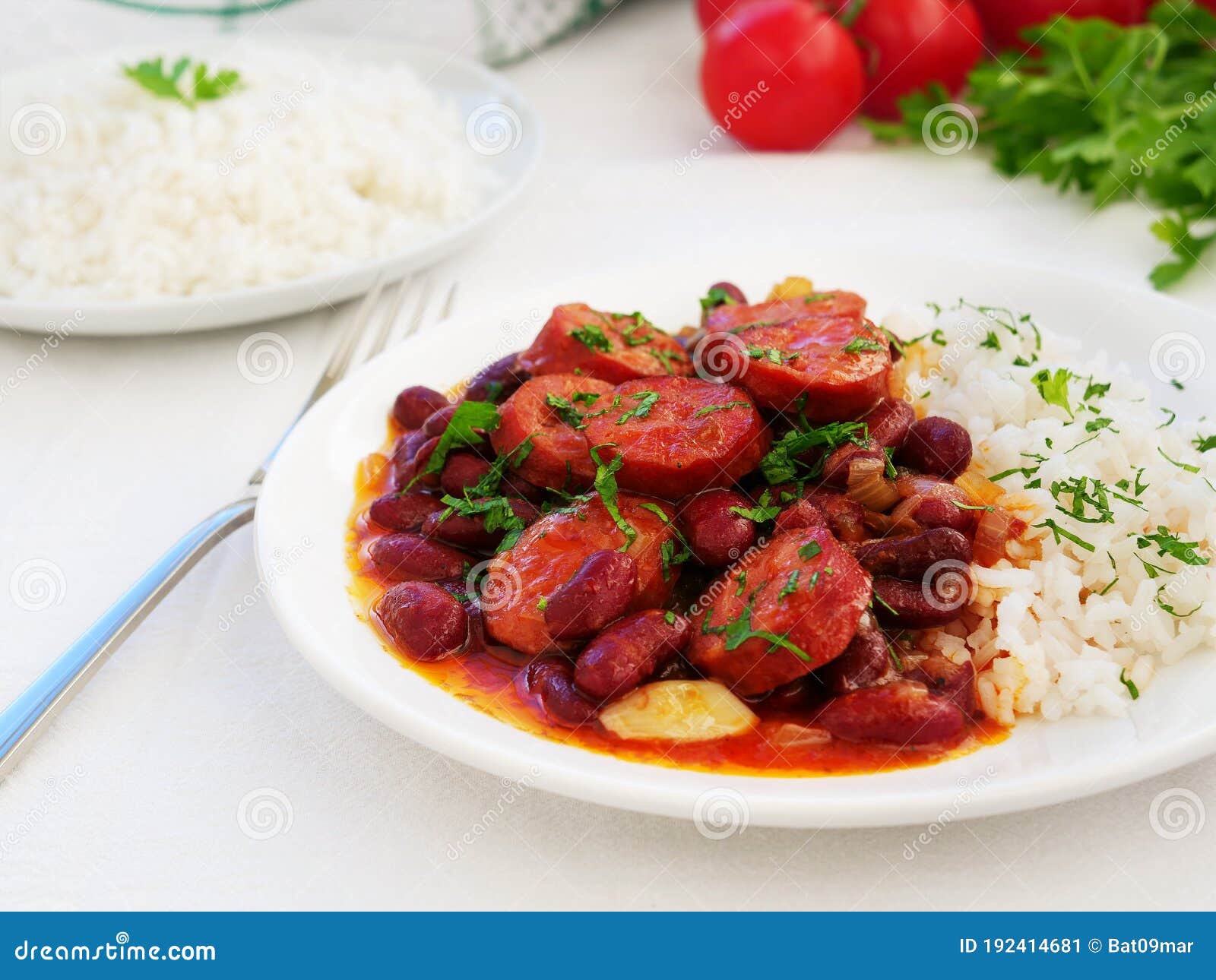 Red Beans and Rice with Sausage on White Table Stock Image - Image of ...