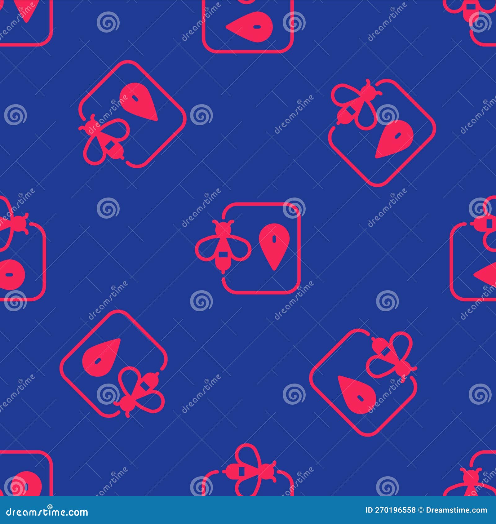 Red Bee Location Map Pin Pointer Icon Isolated Seamless Pattern on Blue ...