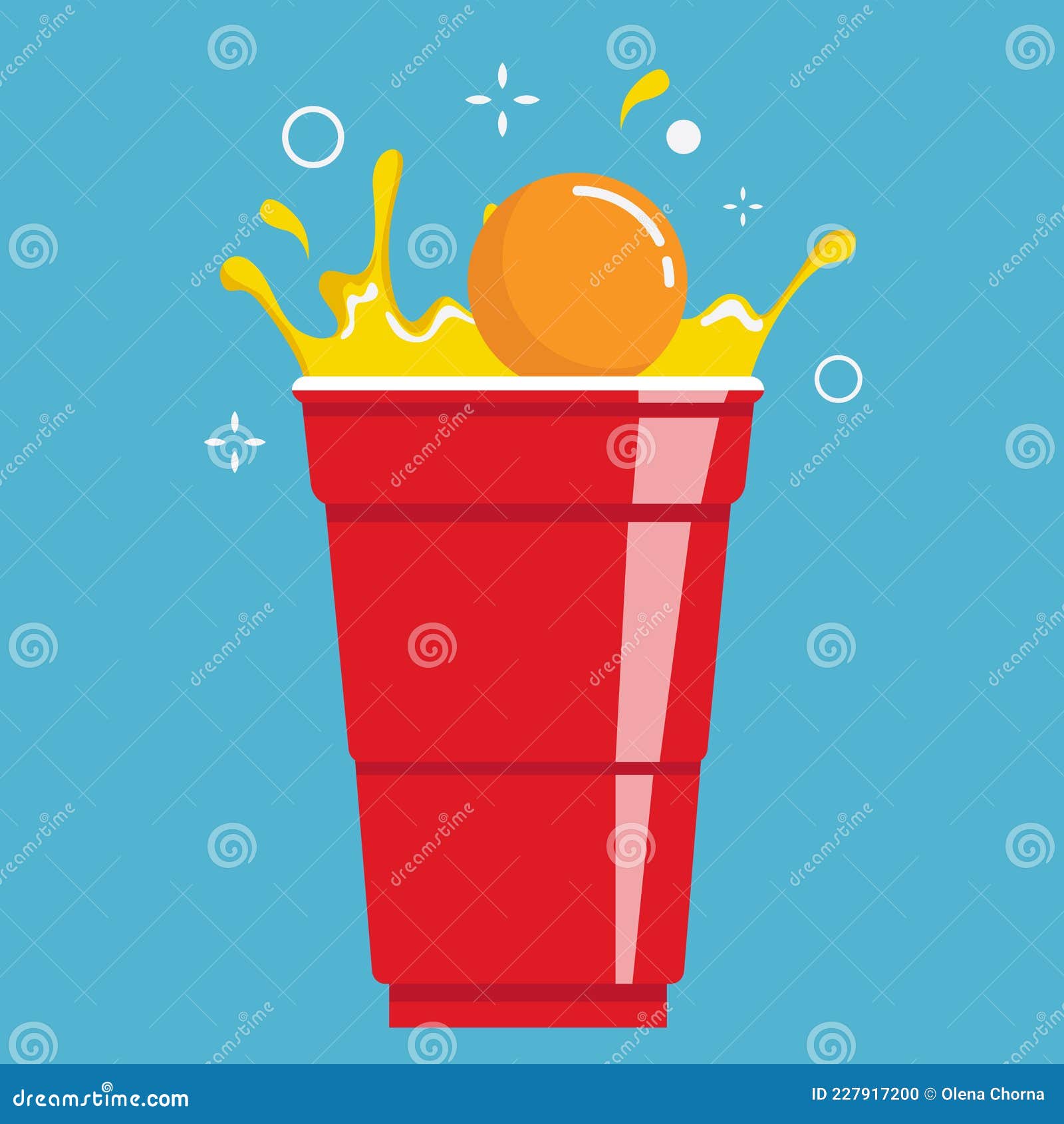Red Beer Pong Illustration Plastic Cup And Ball With Splashing Beer