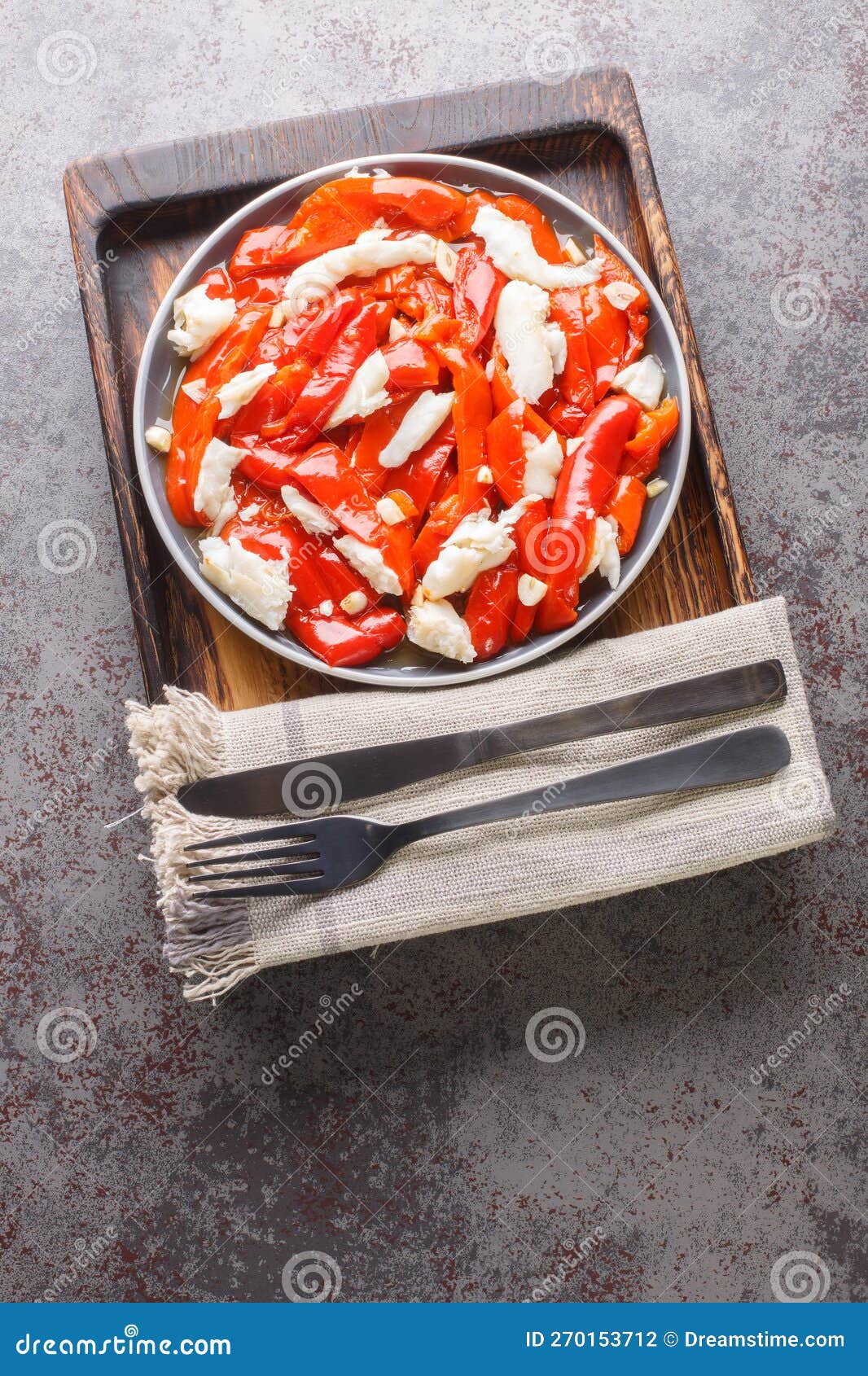 Red Bell Pepper and Cod Fish Esgarraet Tapas from Spain Closeup on the ...