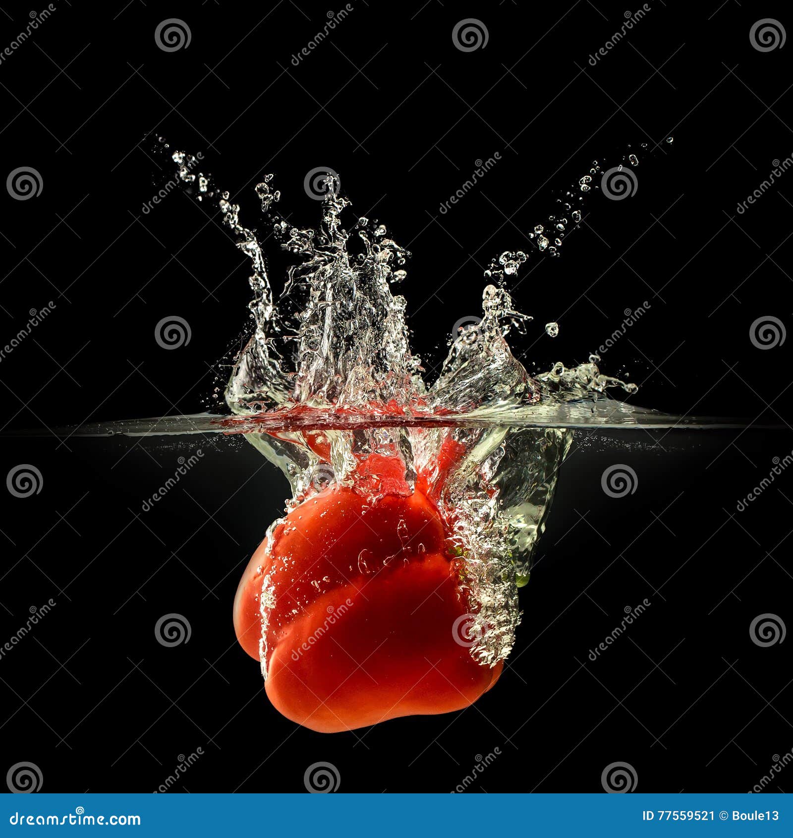 Red Bell Pepper Falling in Water with Splash on Black Background Stock ...