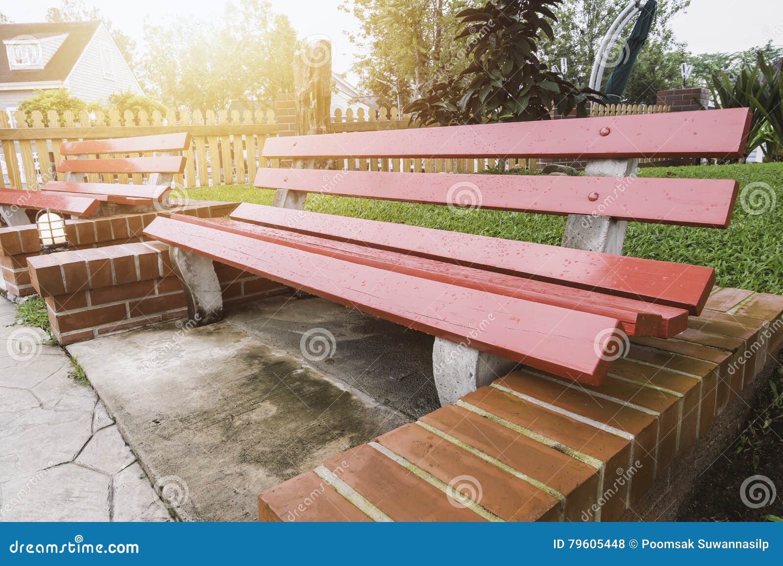 Red Bench in Garden Evening. Stock Photo - Image of wooden, nature ...
