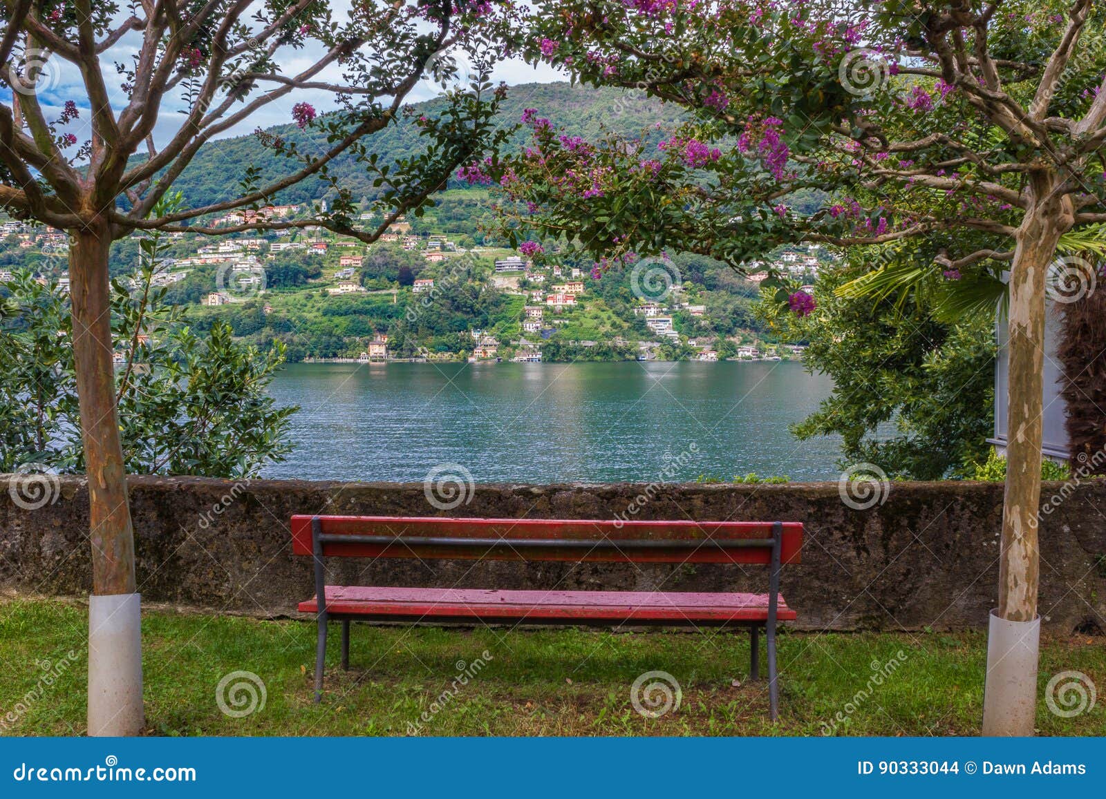 Red Bench Overlooking Lake Lugano in Switzerland Stock Photo - Image of ...