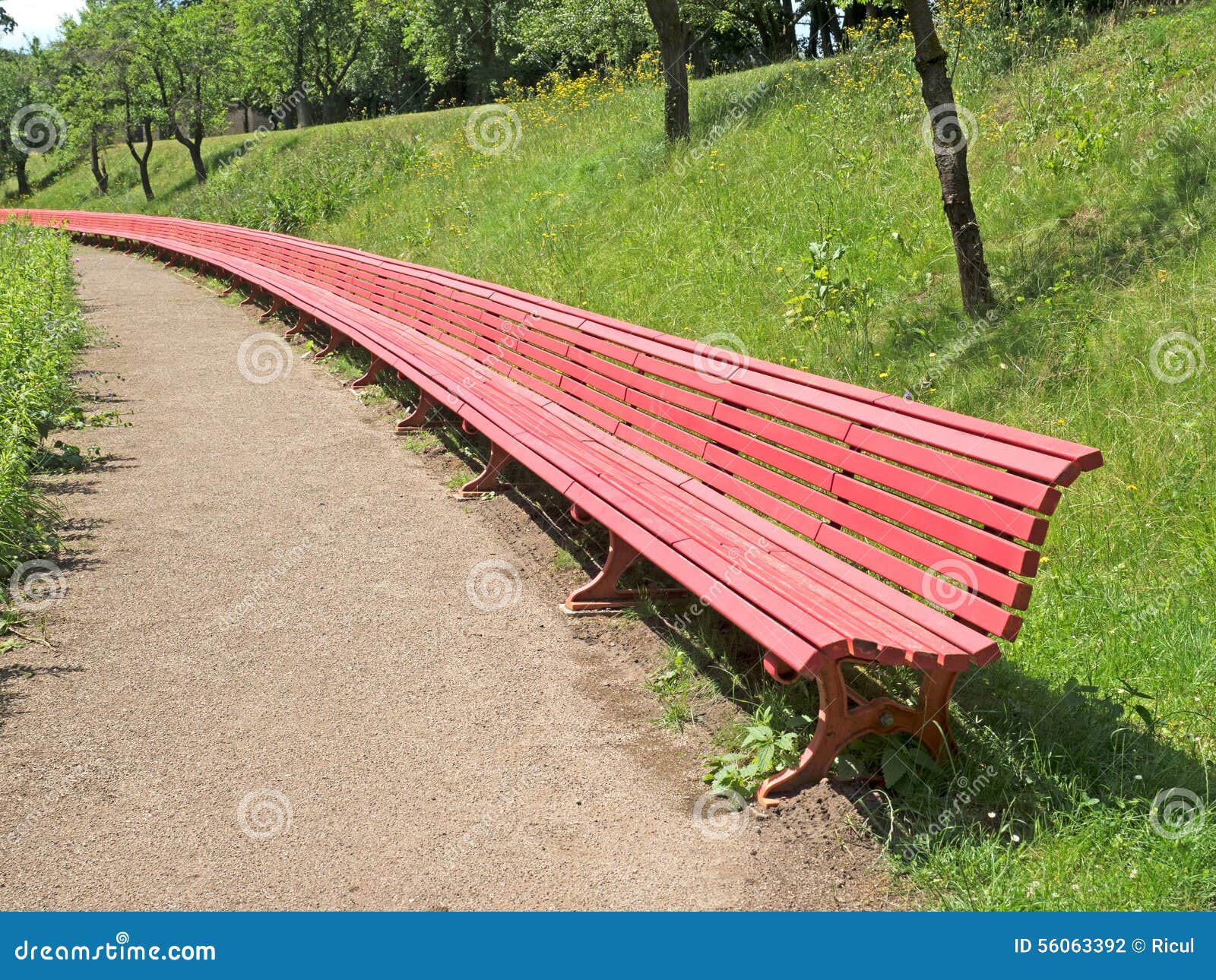 Red bench in a park stock photo. Image of long, trees - 56063392