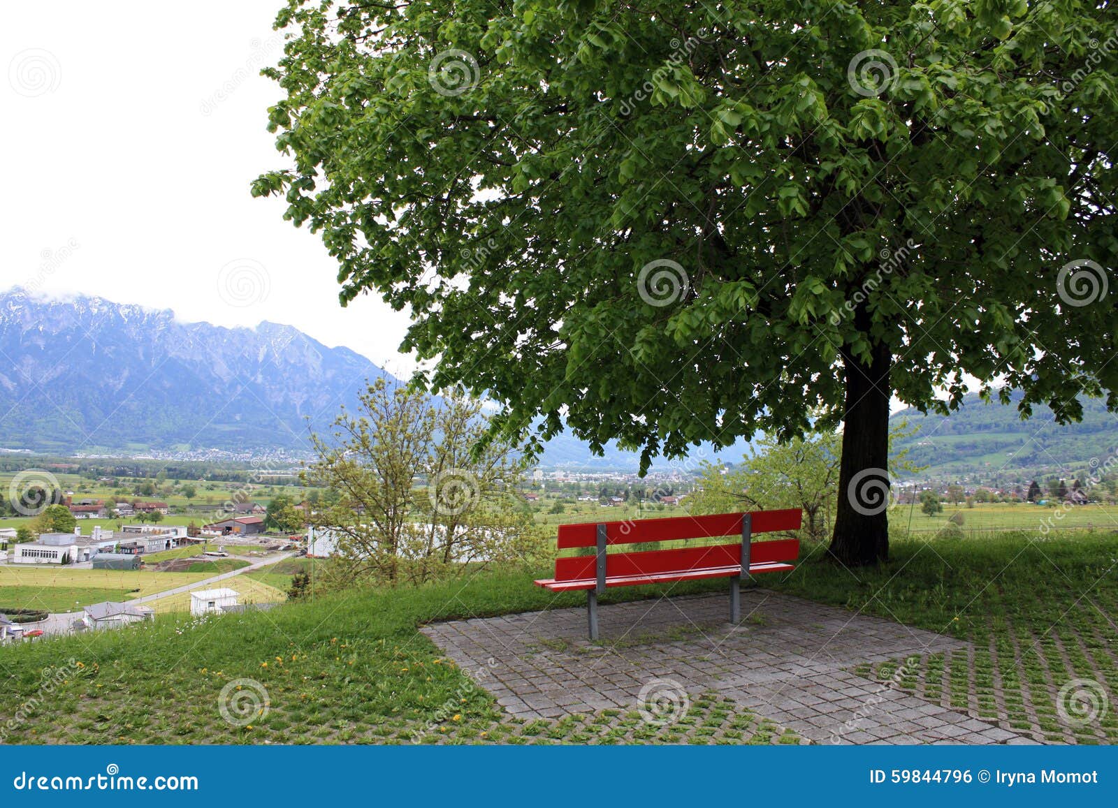 Red bench in Switzerland. stock photo. Image of vacation - 59844796