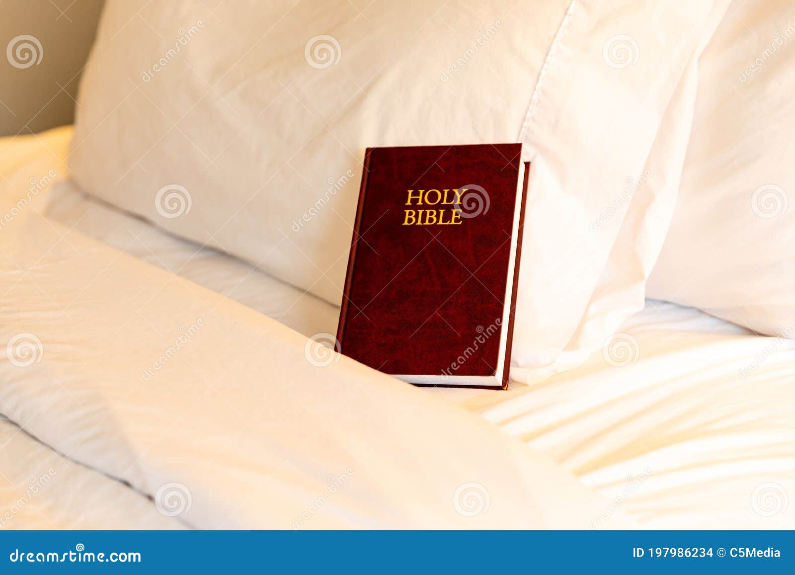 Bible on bed in hotel room stock photo. Image of hotel - 197986234