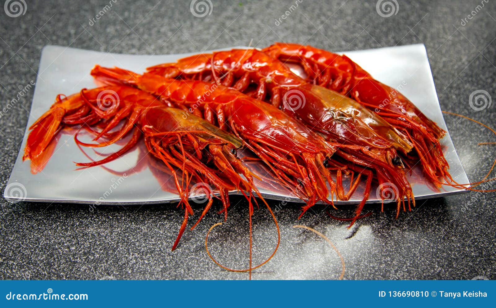 Red Big King Tiger Prawns on Silver Plate Stock Photo - Image of tiger ...